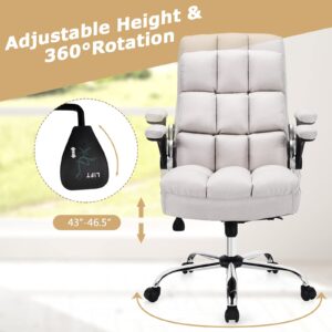 POWERSTONE Ergonomic Office Chair Big and Tall High-Back Executive Computer Desk Chair Upholstered Comfortable Home Office Chair with Flip-up Arms 400 LBS, Beige