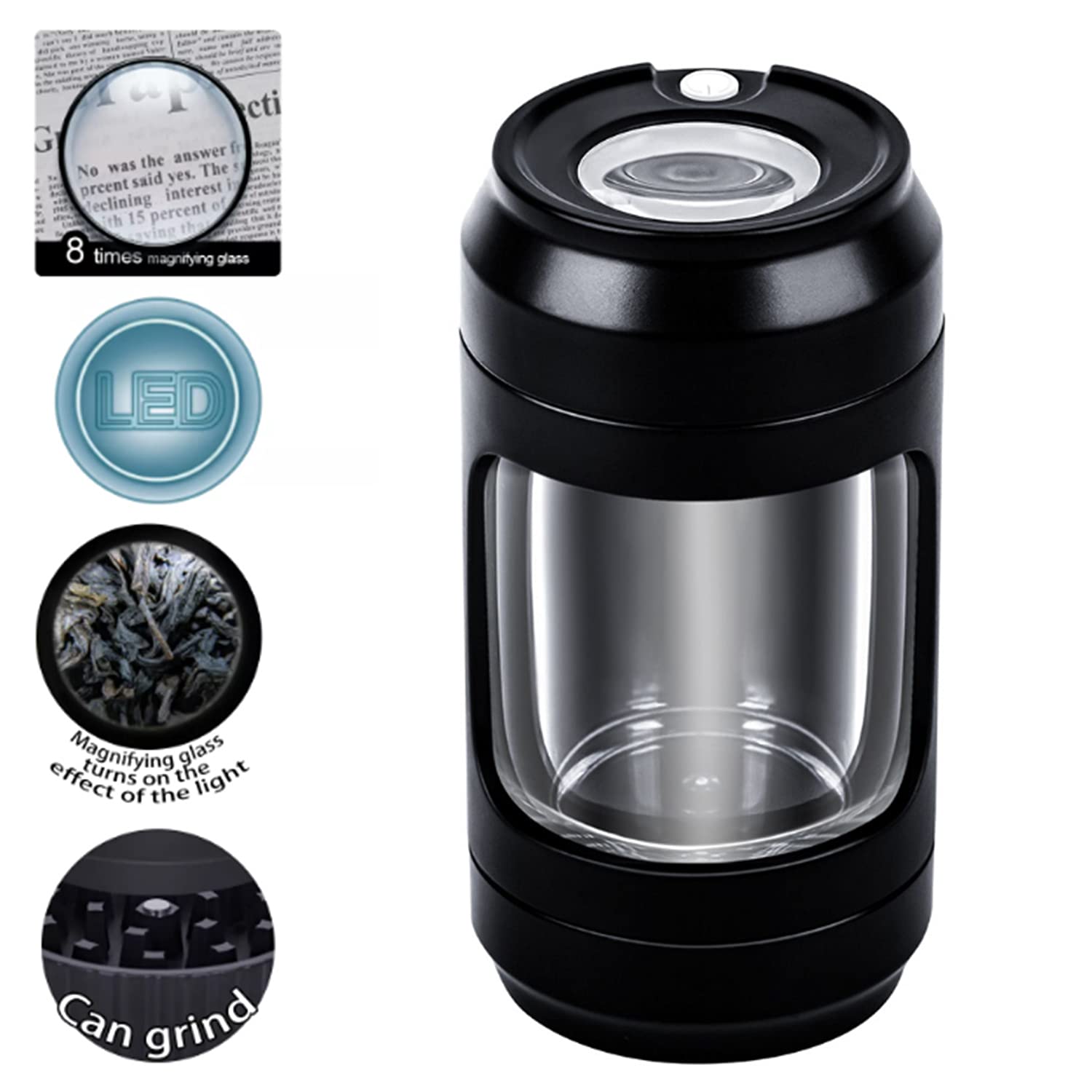 Storage Jar with Herb Grinder Led Light up, Herb Containers with 8x Magnifying Viewing Jar Portable, Storage and Grinding in One Keep Herbs Dry and Fresh (Black)