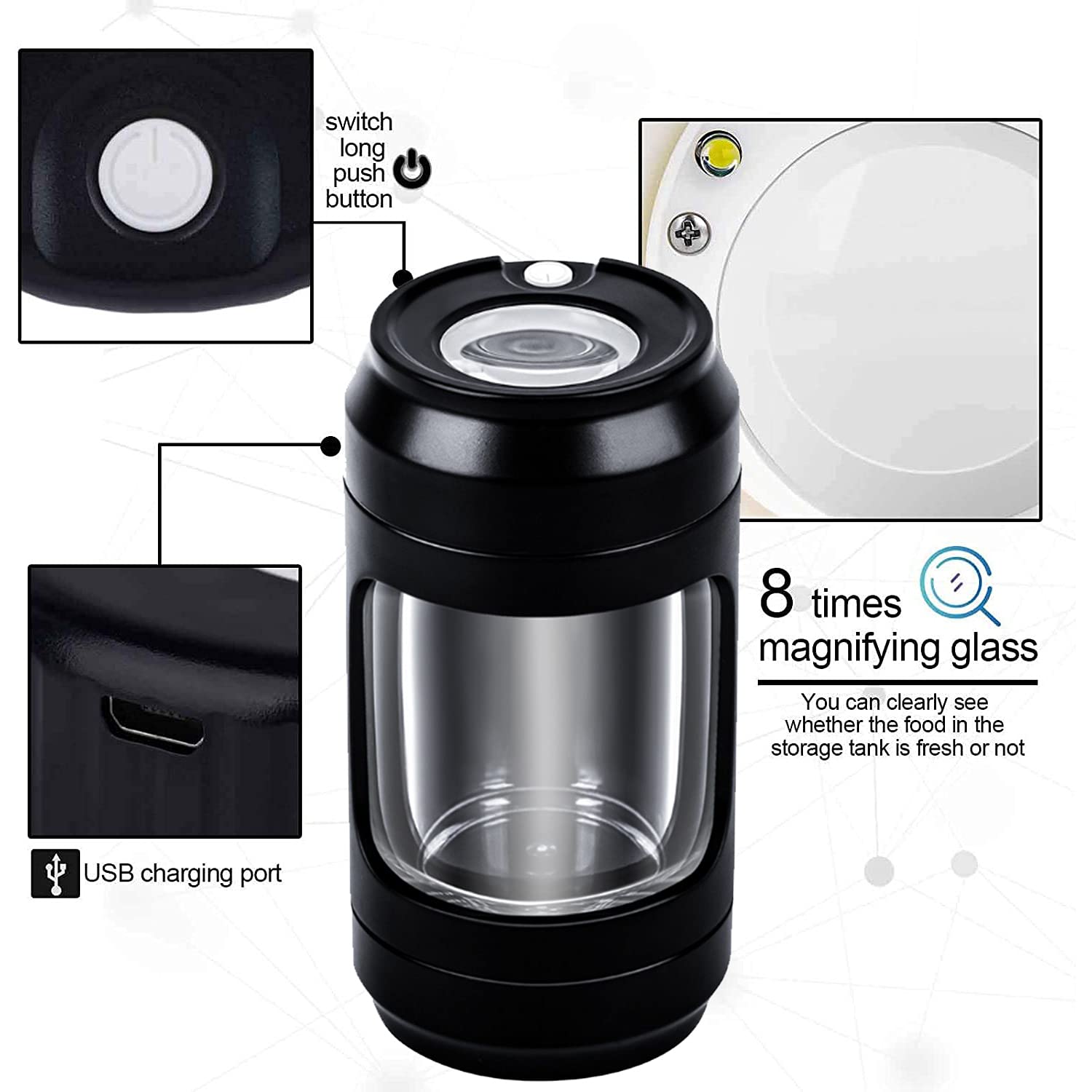 Storage Jar with Herb Grinder Led Light up, Herb Containers with 8x Magnifying Viewing Jar Portable, Storage and Grinding in One Keep Herbs Dry and Fresh (Black)