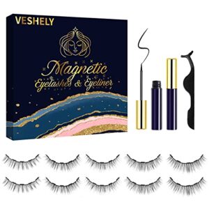 veshely natural magnetic eyelashes with eyeliner kit,5 pairs short small magnetic eyelashes natural look and 2 tubes magnetic eyeliner waterproof,3d false fake lashes magnetic reusable-no glue needed