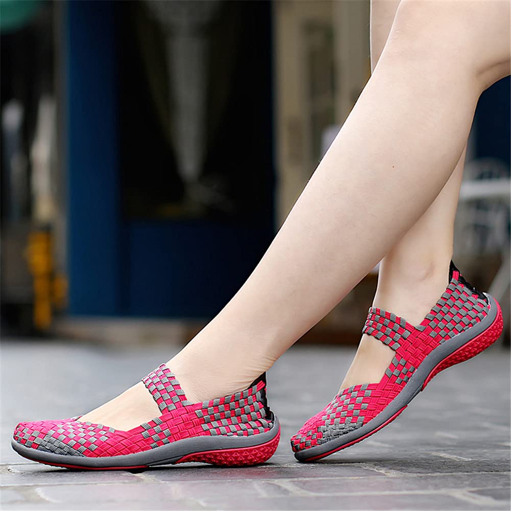 JOYVIP Womens Woven Elastic Ballet Dance Flats Handmade Slip On Sneakers Summer Shoes Rose Red 9