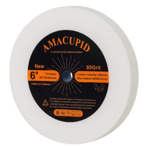 amacupid bench grinding wheel 6 inch. for sharpening quenched steel, high carbon steel and other cutting tools. white aluminum oxide abrasive. 1/2 inch arbor, 3/4 inch thickness, 80 grit