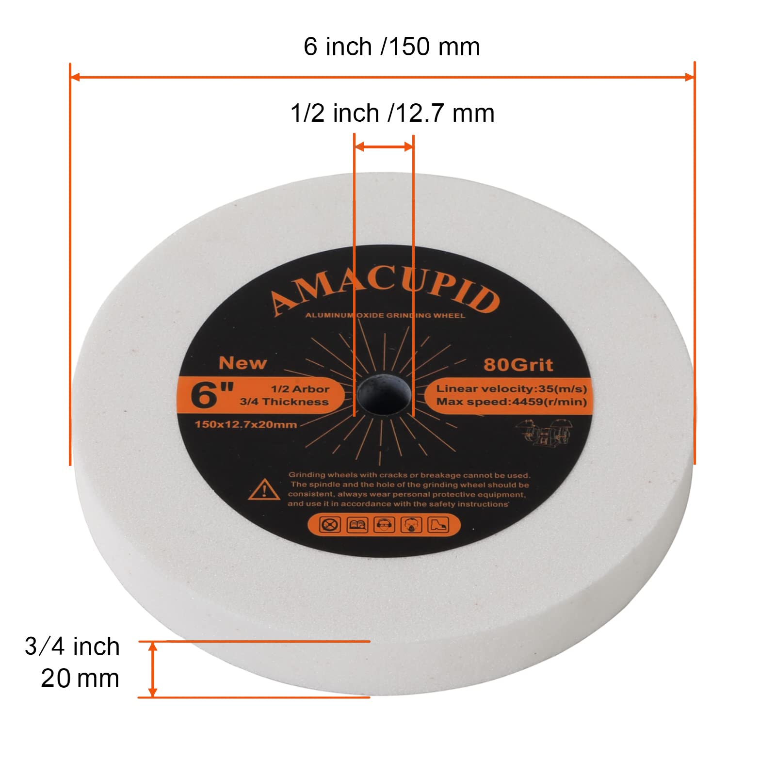 AmaCupid Bench Grinding Wheel 6 inch. for Sharpening Quenched Steel, High Carbon Steel and Other Cutting Tools. White Aluminum Oxide Abrasive. 1/2 inch Arbor, 3/4 inch Thickness, 80 Grit