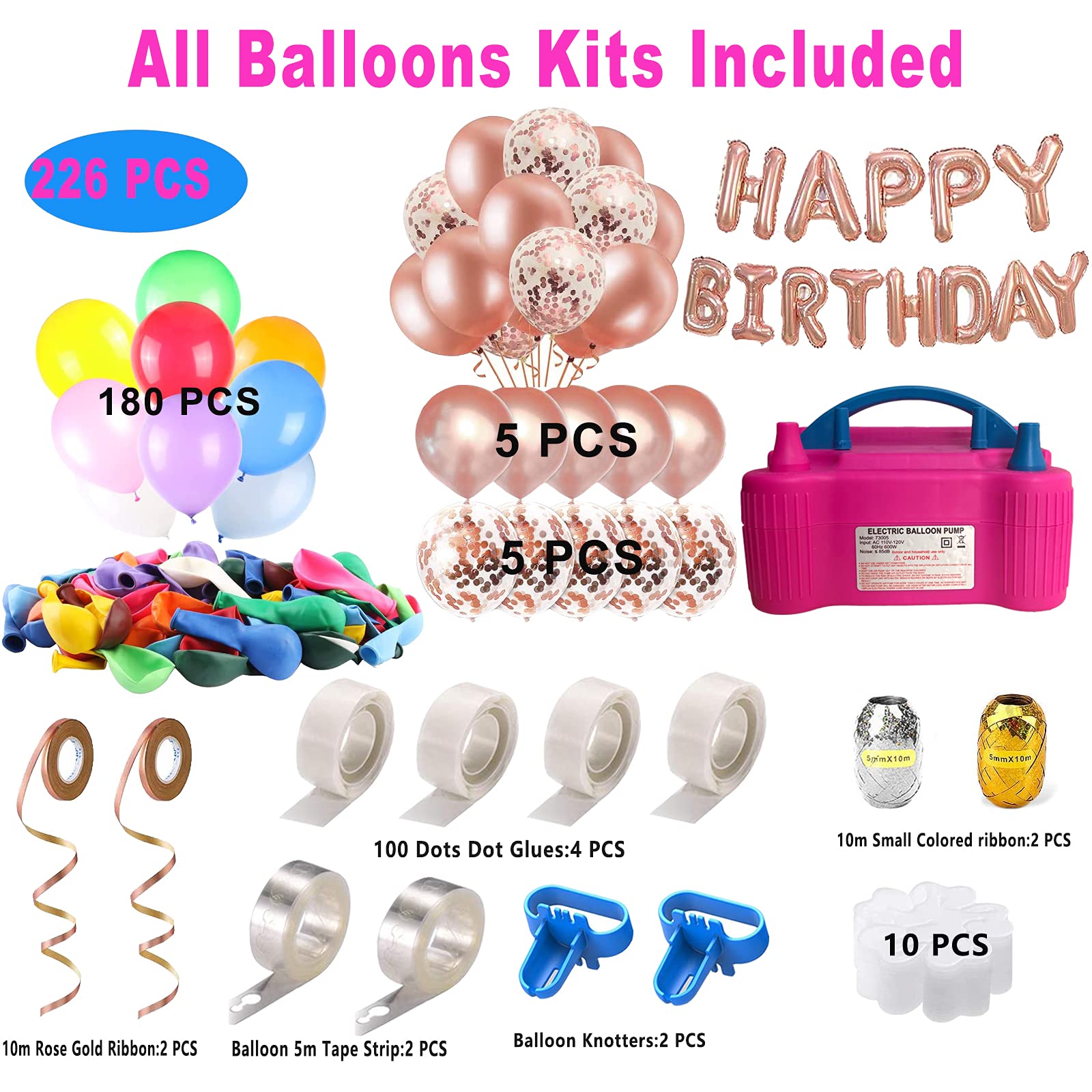 Balloon Pump,226 PCS TIFUNMYSI Electric Balloon Pump Kit,Balloon Inflator 600W Balloon Air Pump Portable Dual Nozzles Balloon Machine with 190 Balloons for Party Wedding Birthday Festival Decoration