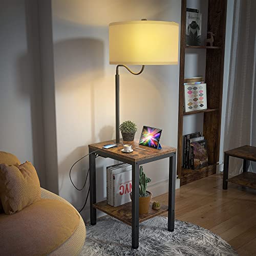 LityMax LED Floor Lamp with Table - Rustic End Table with USB Charging Port, Power Outlet, Bedside Nightstand Shelves, Side Table with Reading Standing Light for Living Room, Bedroom, Bulb Included