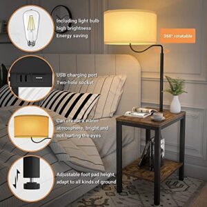 LityMax LED Floor Lamp with Table - Rustic End Table with USB Charging Port, Power Outlet, Bedside Nightstand Shelves, Side Table with Reading Standing Light for Living Room, Bedroom, Bulb Included