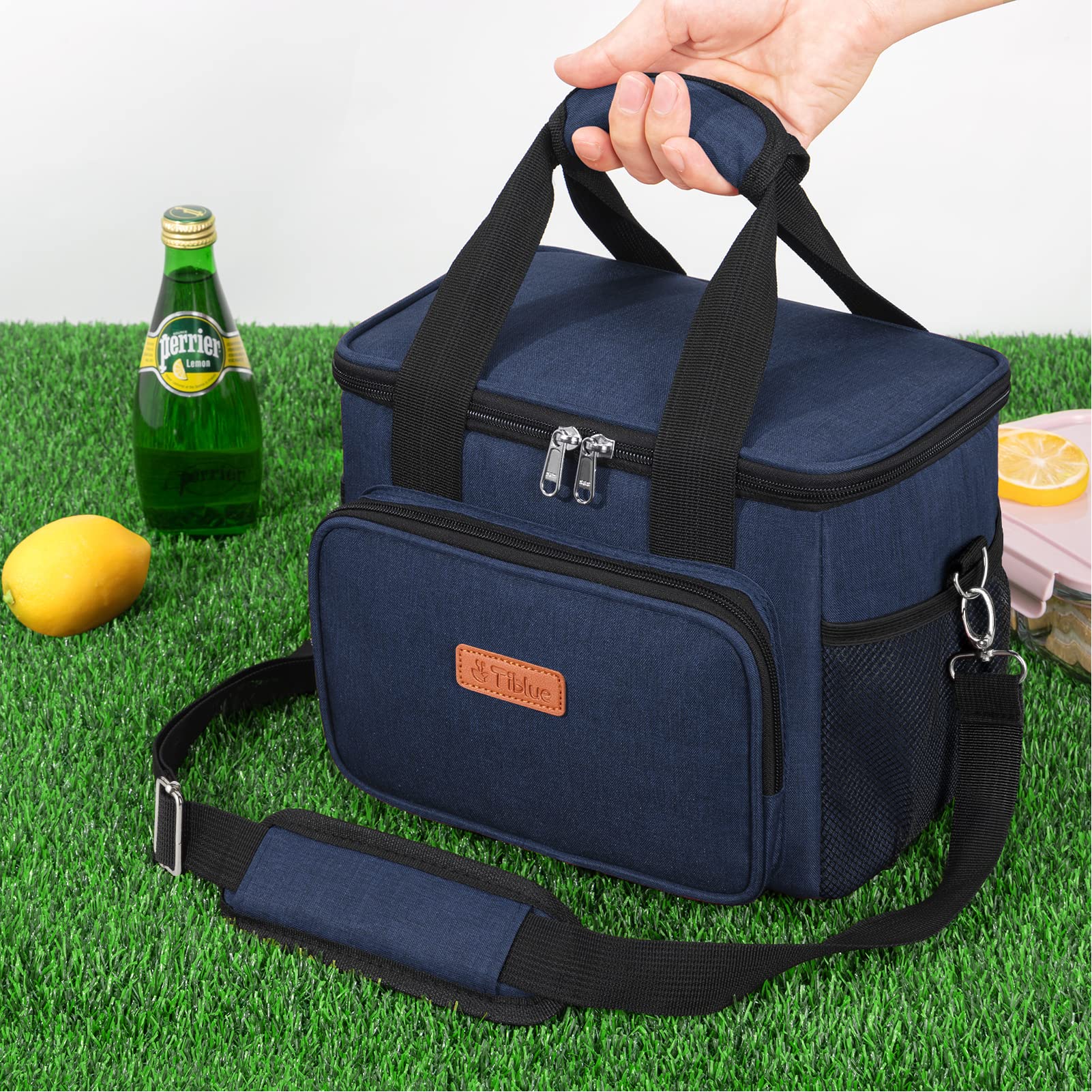 Tiblue Insulated Reusable Lunch Box for Office Work School Picnic Beach, Leakproof Freezable Cooler Bag with Adjustable Shoulder Strap (Medium, Dark Blue)