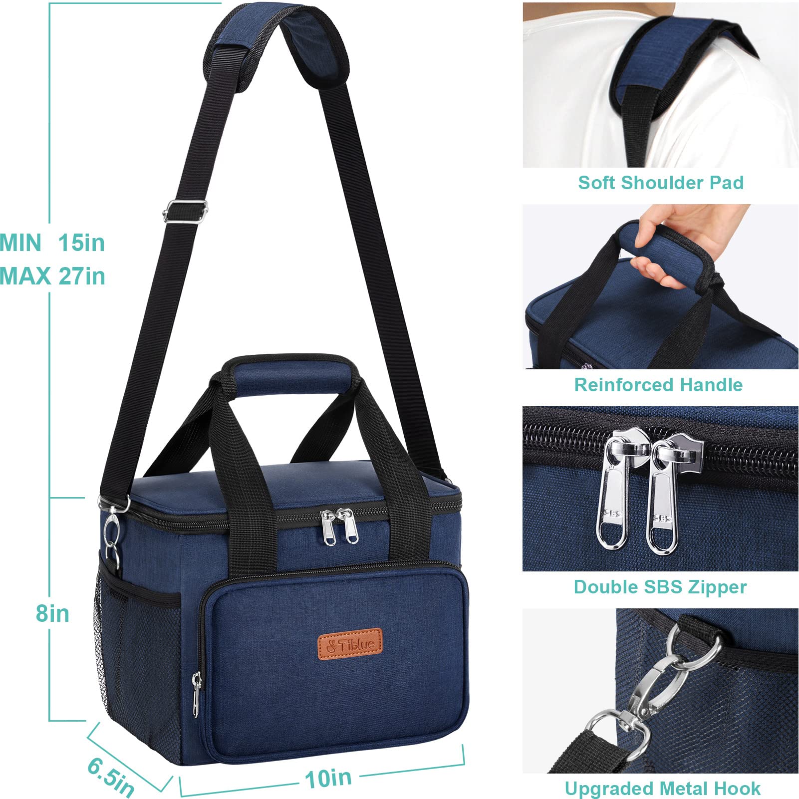 Tiblue Insulated Reusable Lunch Box for Office Work School Picnic Beach, Leakproof Freezable Cooler Bag with Adjustable Shoulder Strap (Medium, Dark Blue)