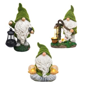 teresa's collections flocked solar garden gnome statue decoration bundle (3 items) | outdoor gnome with lantern, yoga gnome and funny garden gnome