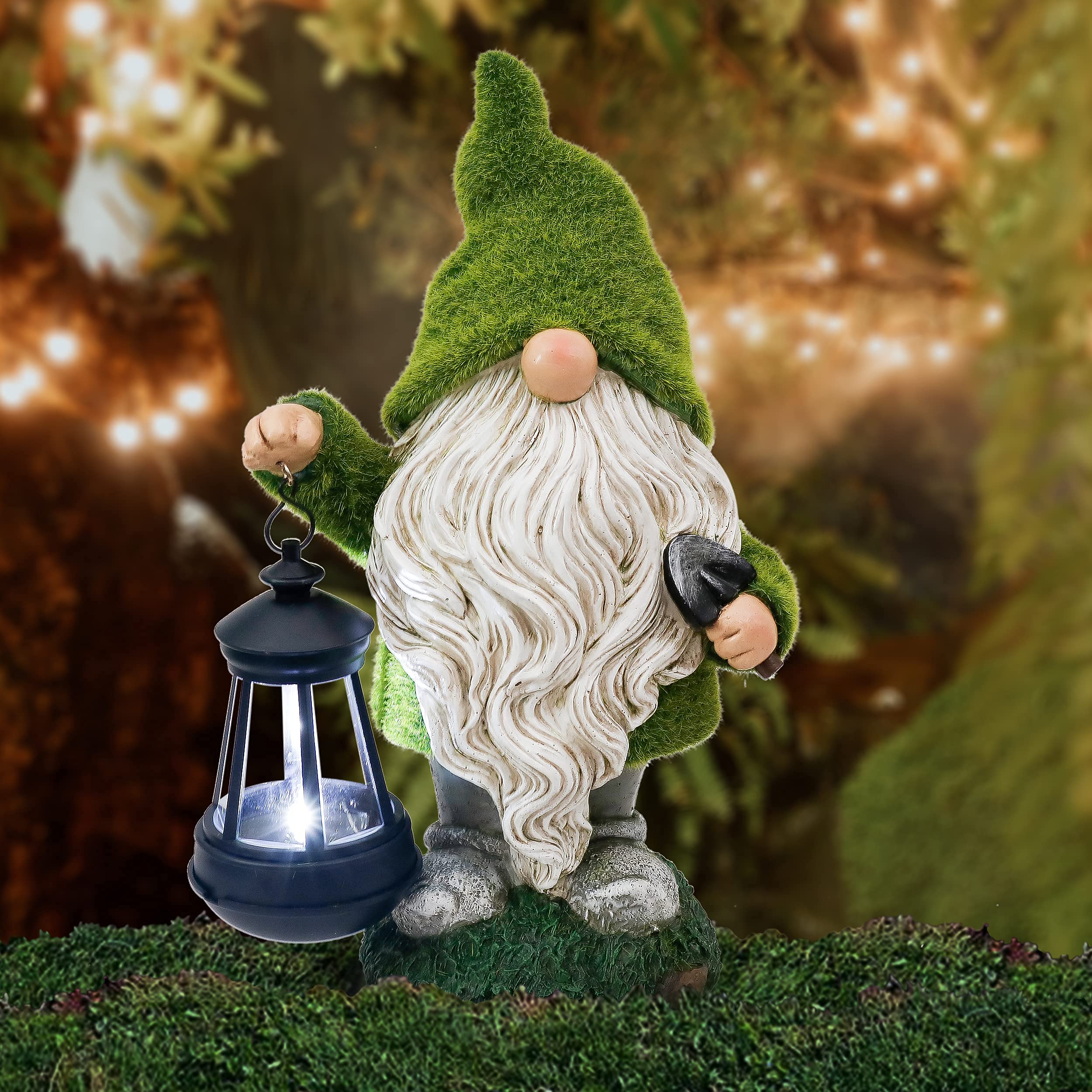 TERESA'S COLLECTIONS Flocked Solar Garden Gnome Statue Decoration Bundle (3 Items) | Outdoor Gnome with Lantern, Yoga Gnome and Funny Garden Gnome