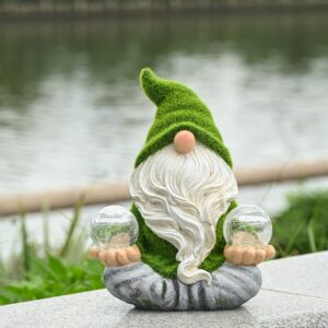 TERESA'S COLLECTIONS Flocked Solar Garden Gnome Statue Decoration Bundle (3 Items) | Outdoor Gnome with Lantern, Yoga Gnome and Funny Garden Gnome