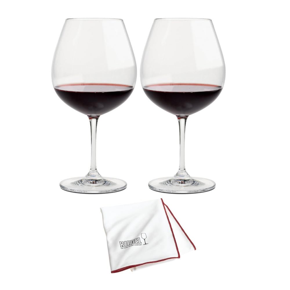 Riedel Vinum Pinot Noir Glasses (Set of 2) with Large Microfiber Polishing Cloth Bundle (3 Items)