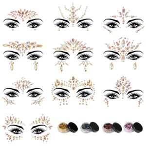 lingsfire 10 sets face jewels for makeup, mermaid rhinestone face glitter with 4 boxes body face glitter noctilucent face gems jewels for women makeup festival carnival party face stickers decorations