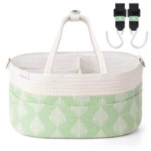 homlynn baby diaper caddy organizer diaper storage basket large tote bag & car organizer, nursery storage bin for baby accessory, 100% cotton rope, machine-washable(green, with stroller hooks)