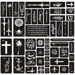 kotbs 6 sheets henna tattoo stencil kit, 52pcs cross sword arrow patterns temporary glitter airbrush tattoo stencils arabian tattoo stickers for face paint body art