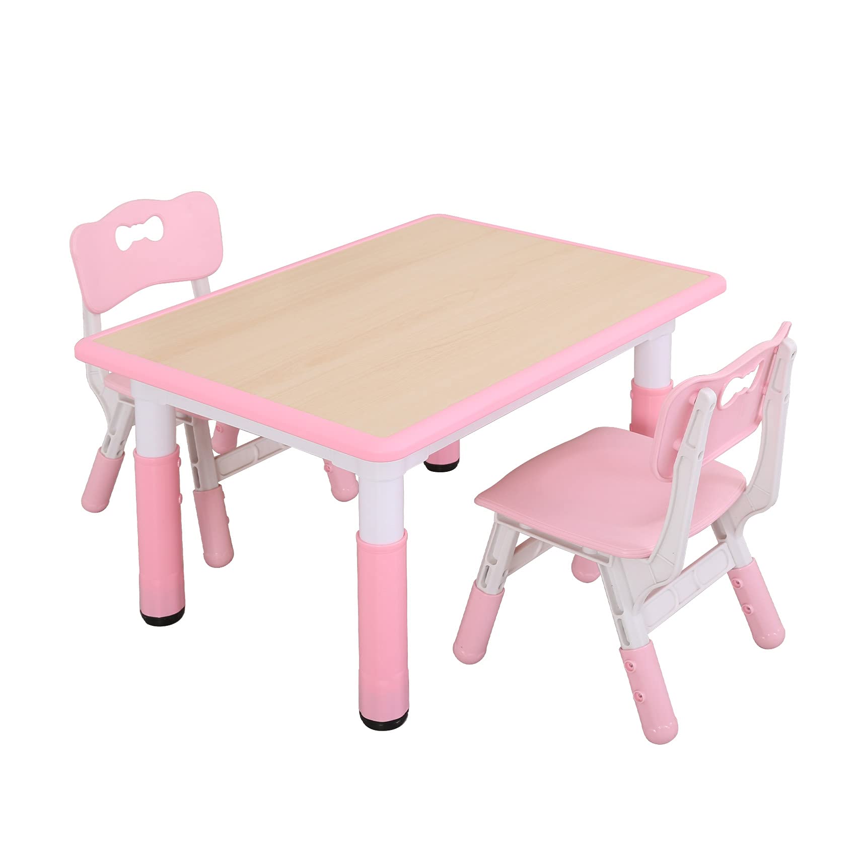 UNICOO - Kids Study Table and Chairs Set, Height Adjustable Plastic Children Art Desk with 2 Seats, Kids Multi Activity Table Set (Maple Top with Pink Border) BY-60-MP