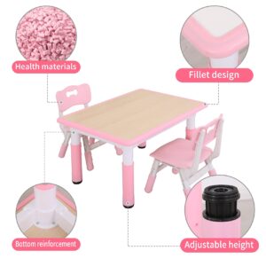 UNICOO - Kids Study Table and Chairs Set, Height Adjustable Plastic Children Art Desk with 2 Seats, Kids Multi Activity Table Set (Maple Top with Pink Border) BY-60-MP