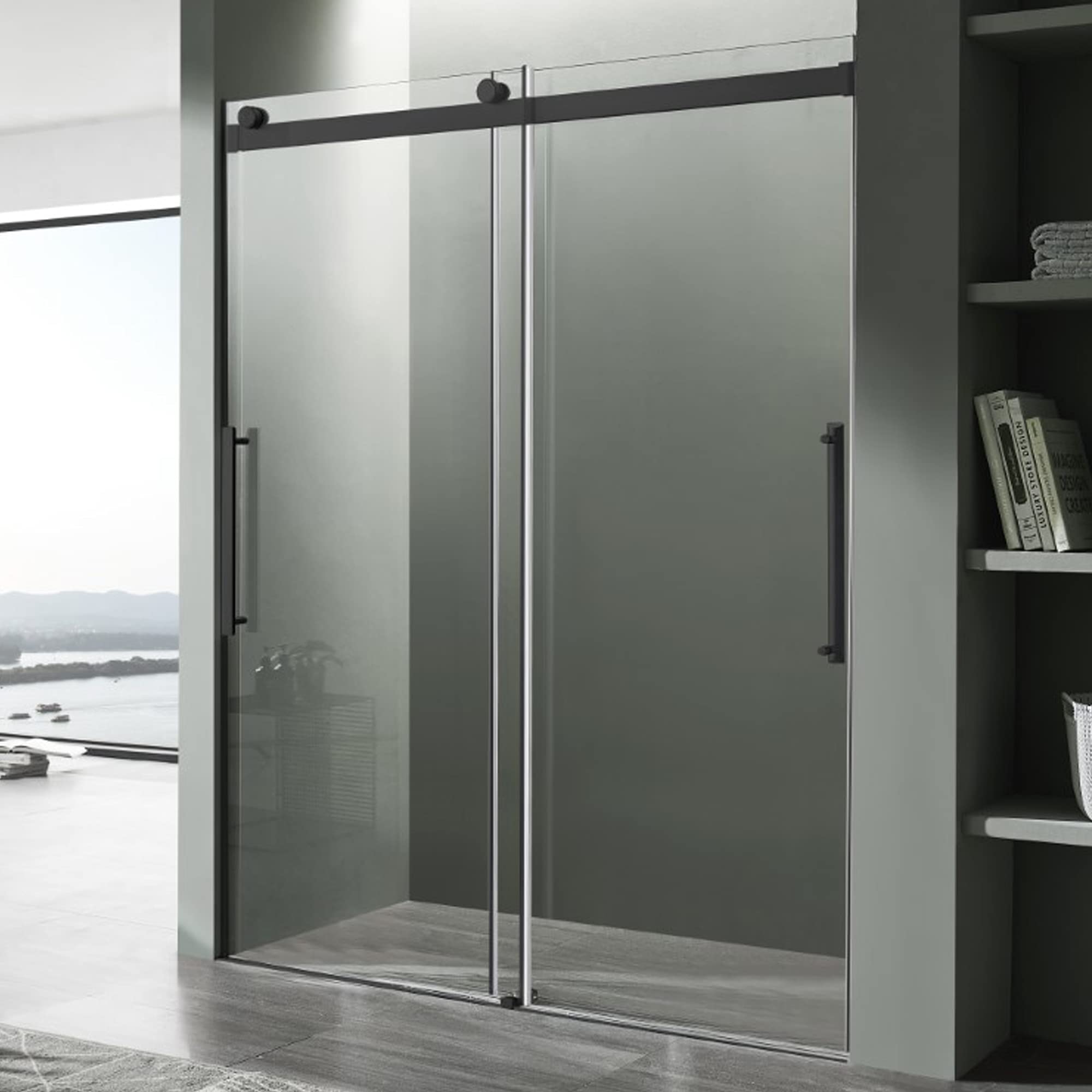 ANZZI 76" x 60" Frameless Shower Door in Matte Black, Stella Water Repellent Glass Shower Door with Seal Strip Parts and Handle, Easy Glide Rollers Sliding Shower Door (SD-FRLS05902MB)