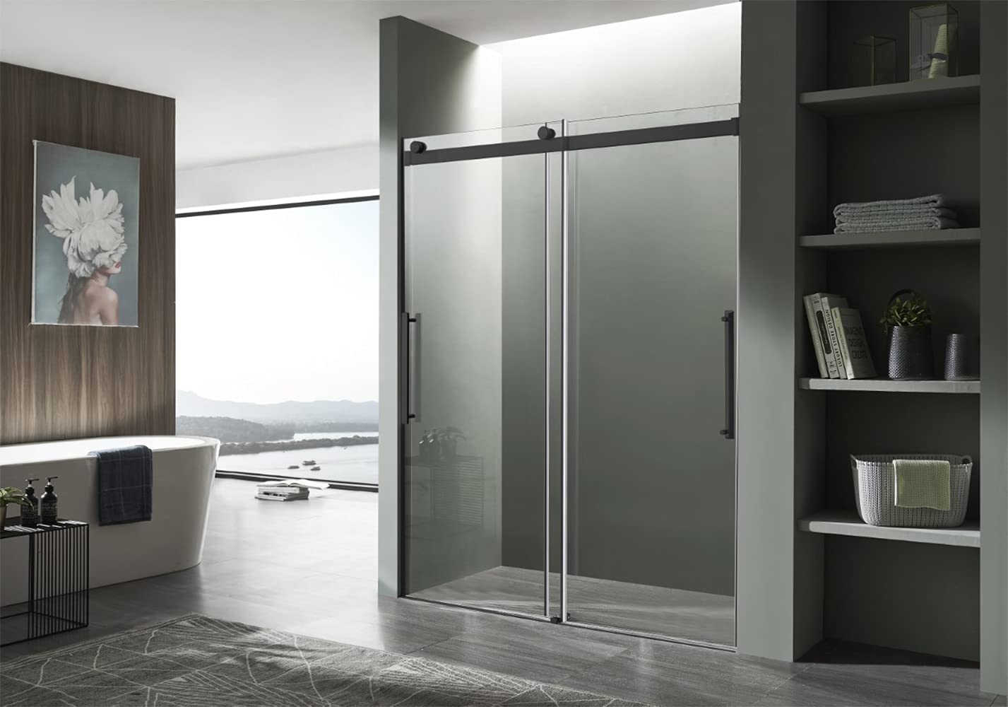 ANZZI 76" x 60" Frameless Shower Door in Matte Black, Stella Water Repellent Glass Shower Door with Seal Strip Parts and Handle, Easy Glide Rollers Sliding Shower Door (SD-FRLS05902MB)