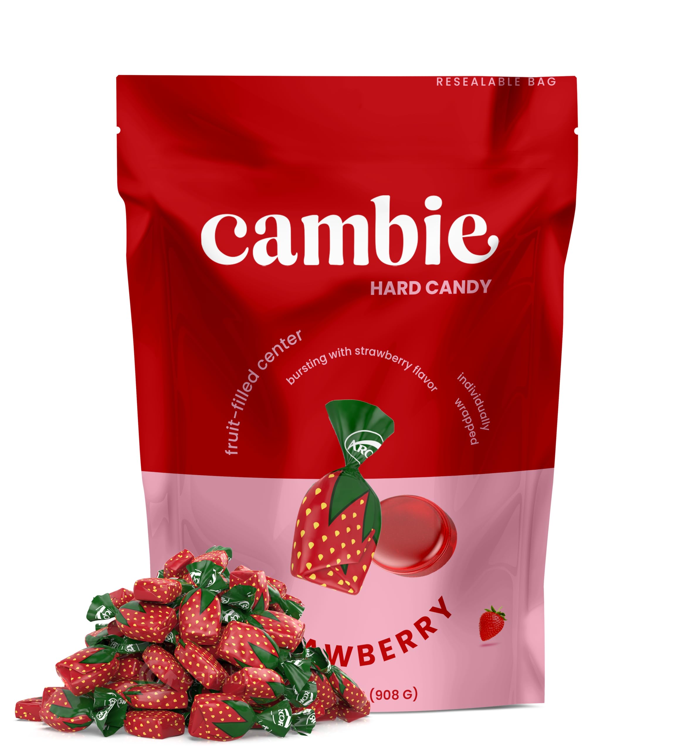 Strawberry Bon Bons by Cambie | 2 lbs of Strawberry Filled Hard Candy | Individually Wrapped Bon Bons | Deliciously Sweet Candy from Argentina (2 lb)