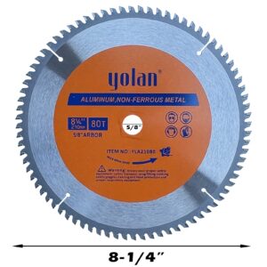 Yolan 8-1/4-Inch 80 Teeth Circular Saw Blade with 5/8-Inch Diamond Knockout Arbor, Steel for Cutting Aluminum, Non-Ferrous Metal Table Saw Accessories,Polished Mitersaw Blade Silver