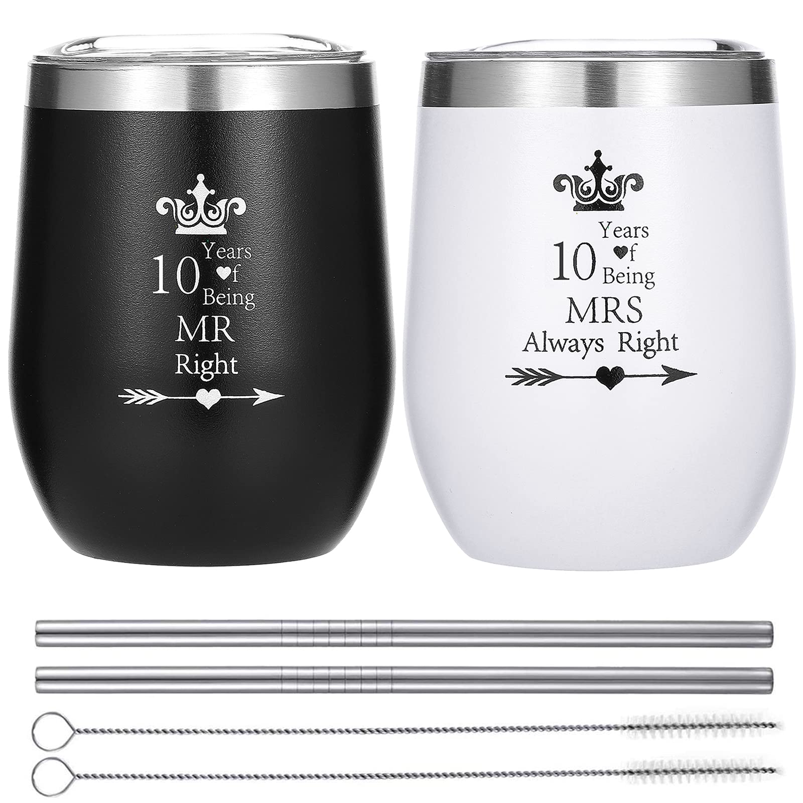 HLIKEM Pack Of 2 Wine Tumbler 10 Years Mr Right Mrs Always Right 10th Wedding Engagement Anniversary Cups for Couple Parents Stainless Steel Insulated Wine Glass with Straws and Brush