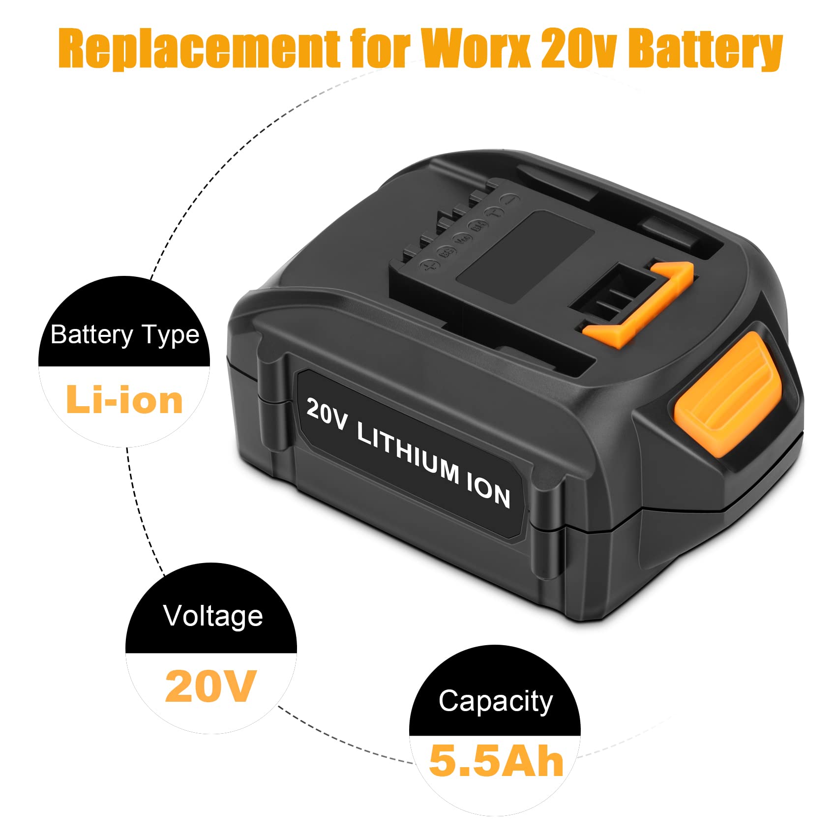 KUNLUN 2Pack Replacement for Worx Battery 20V 5.5Ah Lithium Compatible for Worx 20-Volt Battery WA3575 WA3578 WA3520 WA3525 WG151s WG155s WG251s WG255s WG540s WG545s WG890 WG891 Cordless Tools