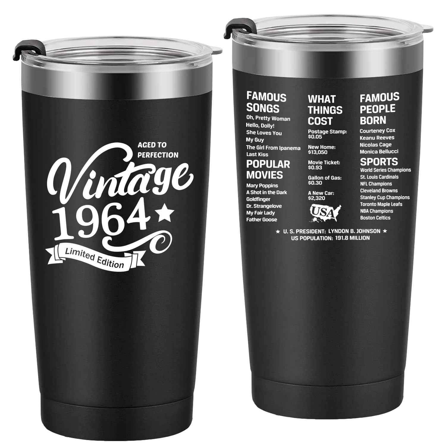 1964 60th Birthday Gift for Women and Men - 60th Gifts for Parents - 60th Class Reunion - Mom Dad Wife Husband Grandpa Grandma Present - 20oz Tumbler Cup Black