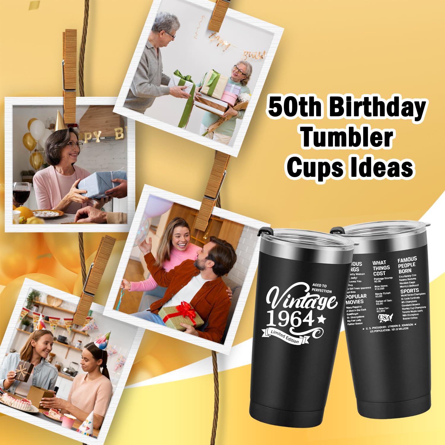 1964 60th Birthday Gift for Women and Men - 60th Gifts for Parents - 60th Class Reunion - Mom Dad Wife Husband Grandpa Grandma Present - 20oz Tumbler Cup Black