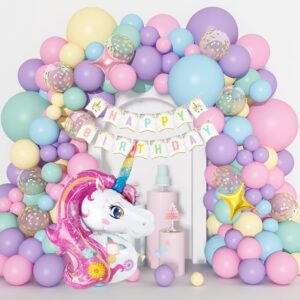 unicorn balloons arch garland kit, 146pcs rainbow 40" unicorn balloon pastel pink purple blue confetti balloons happy birthday banner for ice cream baby shower unicorn birthday party decorations