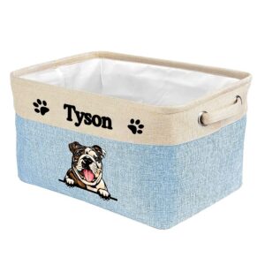 malihong personalized foldable storage basket with cute dog english bulldog collapsible sturdy fabric pet toys storage bin cube with handles for organizing shelf home closet, blue amd white