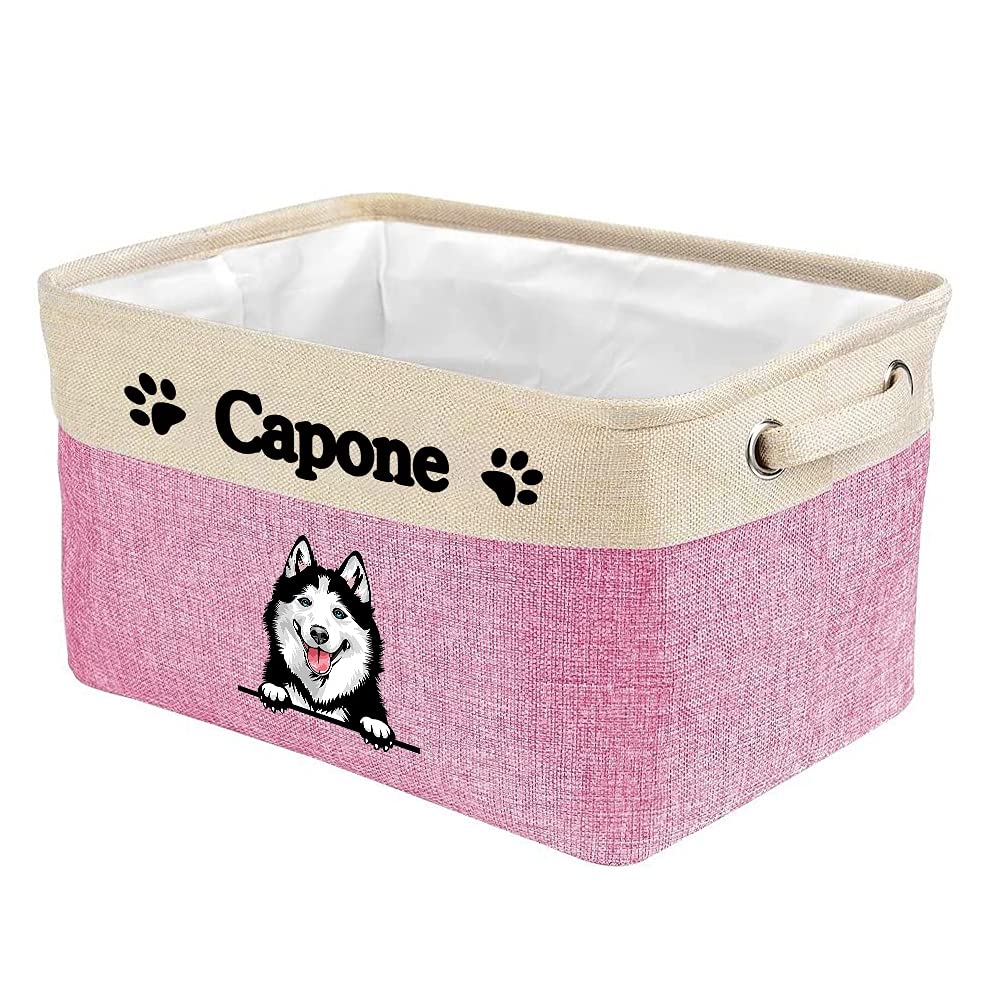 MALIHONG Personalized Foldable Storage Basket with Cute Dog Siberian Husky Collapsible Sturdy Fabric Pet Toys Storage Bin Cube with Handles for Organizing Shelf Home Closet, Pink and White