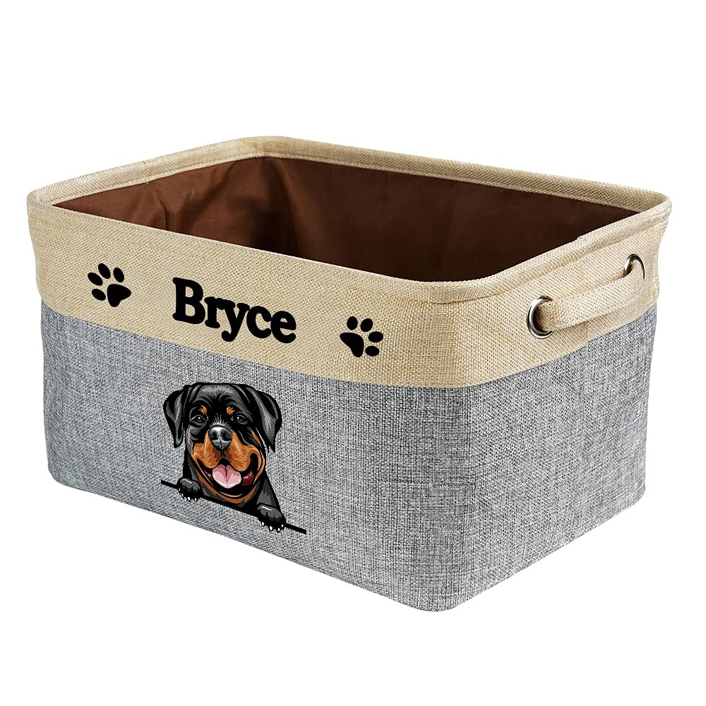 MALIHONG Personalized Foldable Storage Basket with Lovely Dog Rottweiler Collapsible Sturdy Fabric Pet Toys Storage Bin Cube with Handles for Organizing Shelf Home Closet, Grey and White