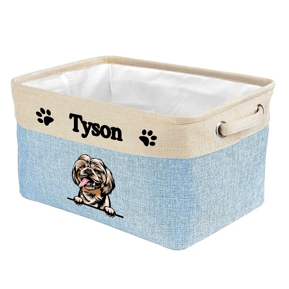 MALIHONG Personalized Foldable Storage Basket with Funny Dog Shih Tzu Collapsible Sturdy Fabric Pet Toys Storage Bin Cube with Handles for Organizing Shelf Home Closet, Blue amd White