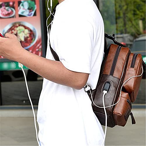 Men's Sling Bag Crossbody Backpack Shoulder Bag Vintage PU Leather Sling Backpack For Cycling USB Charger (Brown)