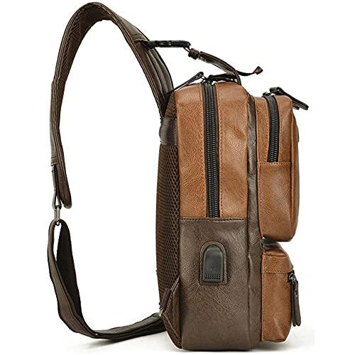 Men's Sling Bag Crossbody Backpack Shoulder Bag Vintage PU Leather Sling Backpack For Cycling USB Charger (Brown)