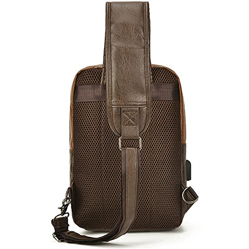 Men's Sling Bag Crossbody Backpack Shoulder Bag Vintage PU Leather Sling Backpack For Cycling USB Charger (Brown)