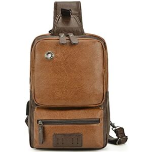 Men's Sling Bag Crossbody Backpack Shoulder Bag Vintage PU Leather Sling Backpack For Cycling USB Charger (Brown)