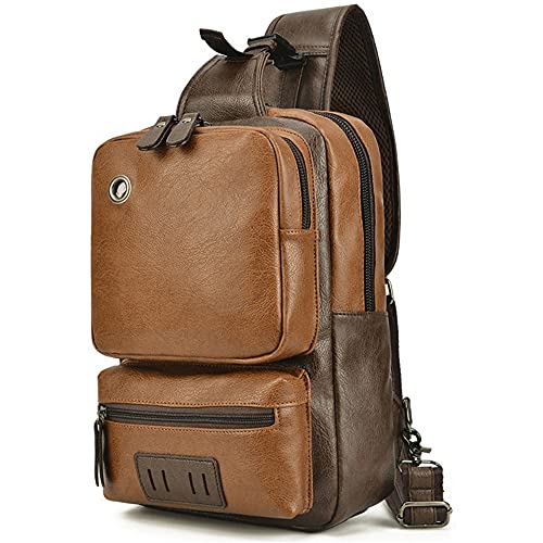 Men's Sling Bag Crossbody Backpack Shoulder Bag Vintage PU Leather Sling Backpack For Cycling USB Charger (Brown)