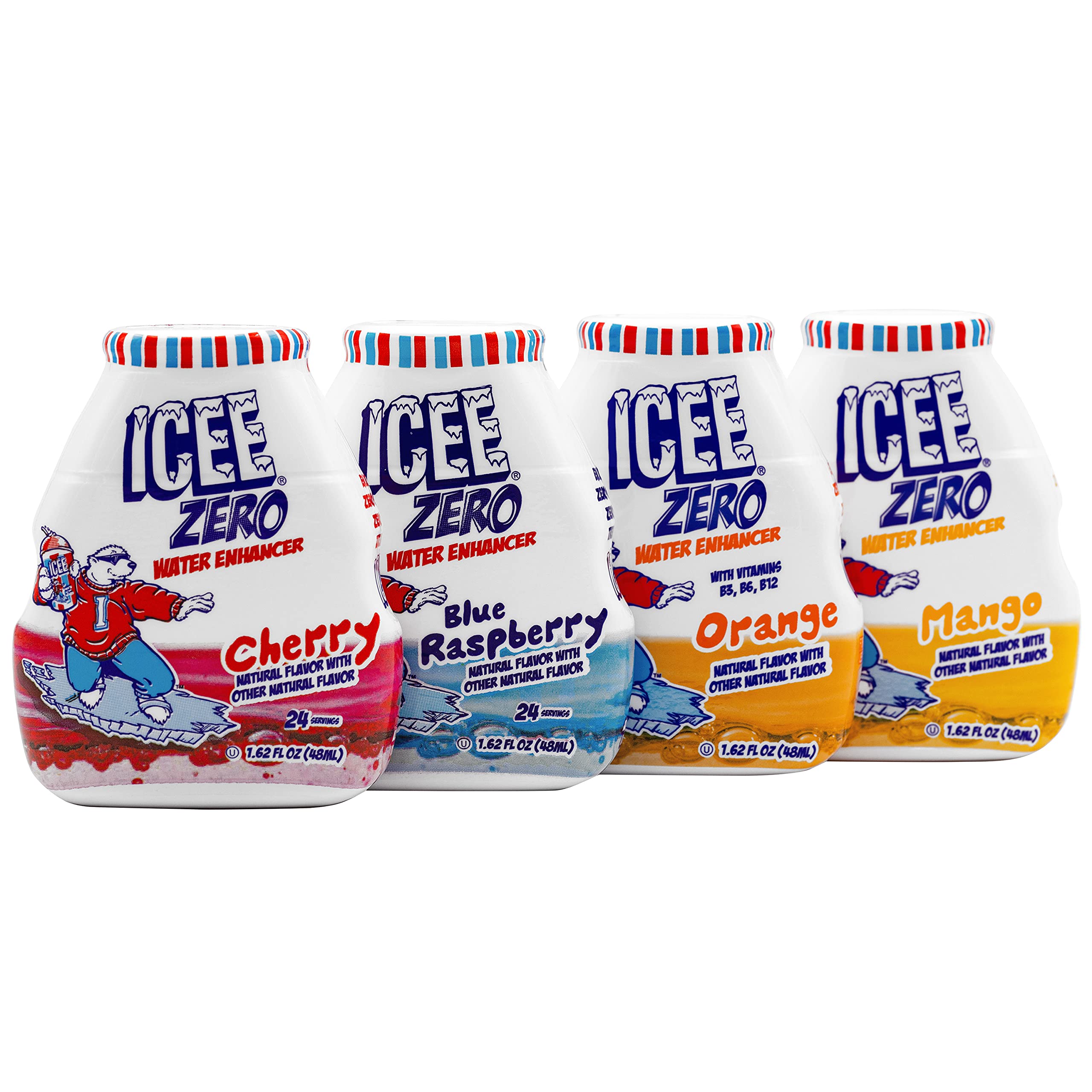 ICEE Zero Calorie Cherry, Blue Raspberry, Orange and Mango Liquid Water Enhancer Drink Mix, Natural Flavor Drops, Sugar Free, 1.62 Fl Oz Concentrate (48 ml) - 4 Ultimate Variety Pack