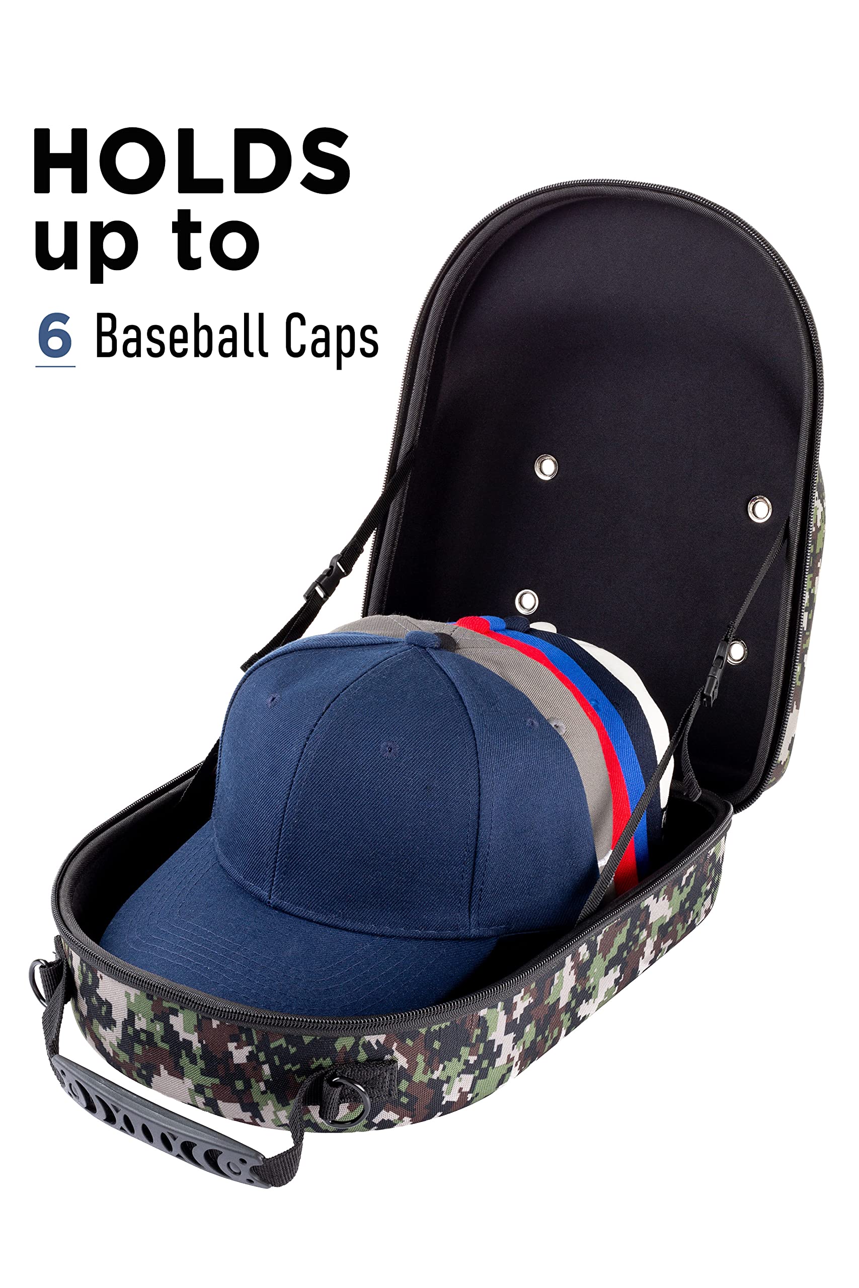 Thorza 6 Hat Travel Case for Baseball Caps, Trucker, and Flat Brim Hats - Hard Side Storage and Protection Case - Dust Proof Carrier with Carry Handle and Shoulder Strap - Camouflage