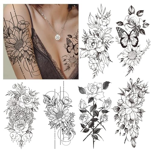 Cerlaza Temporary Tattoos for Women Adults, Fake Flower Tatuajes Temporales Semi Permanent Half Arm Sleeve Tattoos, Long Lasting Realistic Flower Leg makeup Waterproof Tattoos Stickers