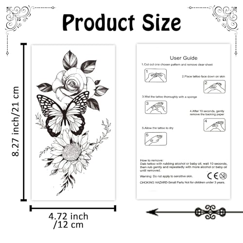 Cerlaza Temporary Tattoos for Women Adults, Fake Flower Tatuajes Temporales Semi Permanent Half Arm Sleeve Tattoos, Long Lasting Realistic Flower Leg makeup Waterproof Tattoos Stickers