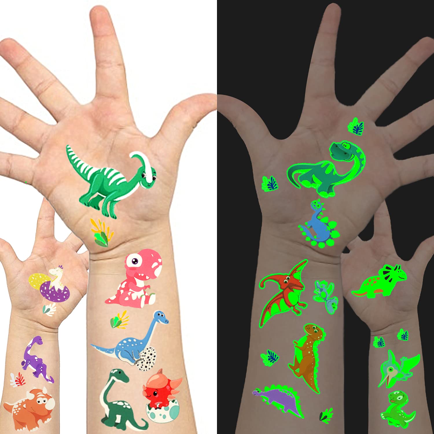 GLOW IN THE DARK: Easy to use: Choose your favorite dinosaur, tear it off, wet the fake tattoo with water, wait 20-30 seconds, and finally gently tear off the white surface. You will get a glowing