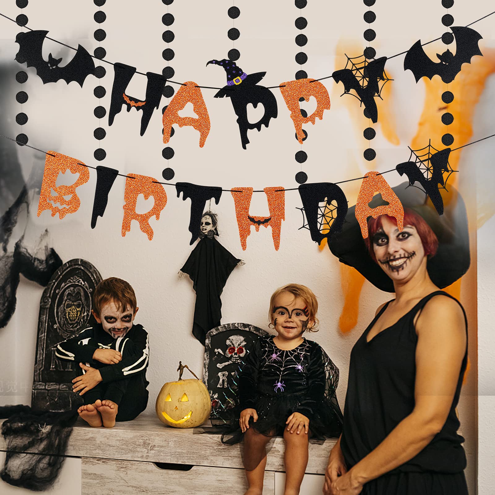 Halloween Happy Birthday Banner Orange Black Halloween Witch Birthday Banner Hocus Pocus Birthday Banner for Halloween Hocus Pocus Birthday Decorations Halloween Witch Birthday Supplies