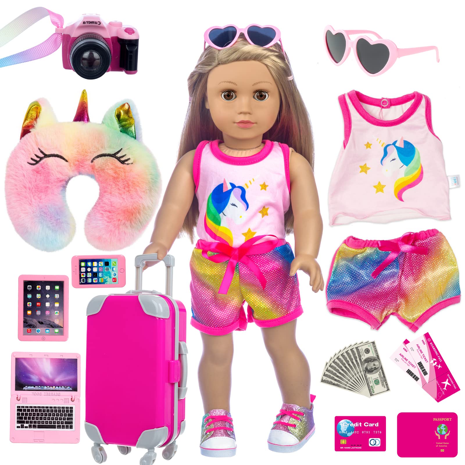 XFEYUE 23 Pcs American 18 inch Doll Clothes and Accessories - Suitcase Luggage , Pillow, Sunglasses, Camera, Passport, Mobile Phone , Computer Doll Travel Gear Play Set Fit 18 inch Doll (No Doll)