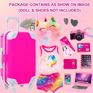 XFEYUE 23 Pcs American 18 inch Doll Clothes and Accessories - Suitcase Luggage , Pillow, Sunglasses, Camera, Passport, Mobile Phone , Computer Doll Travel Gear Play Set Fit 18 inch Doll (No Doll)