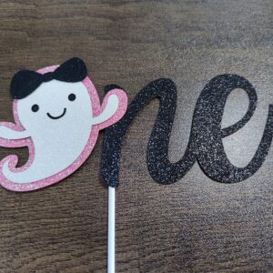 Pink and Black Glitter Halloween Ghost One Cake Topper Halloween Baby Ghost Cake Topper One Ghost Cake Topper for Halloween Girl 1st Birthday Cake Supplies