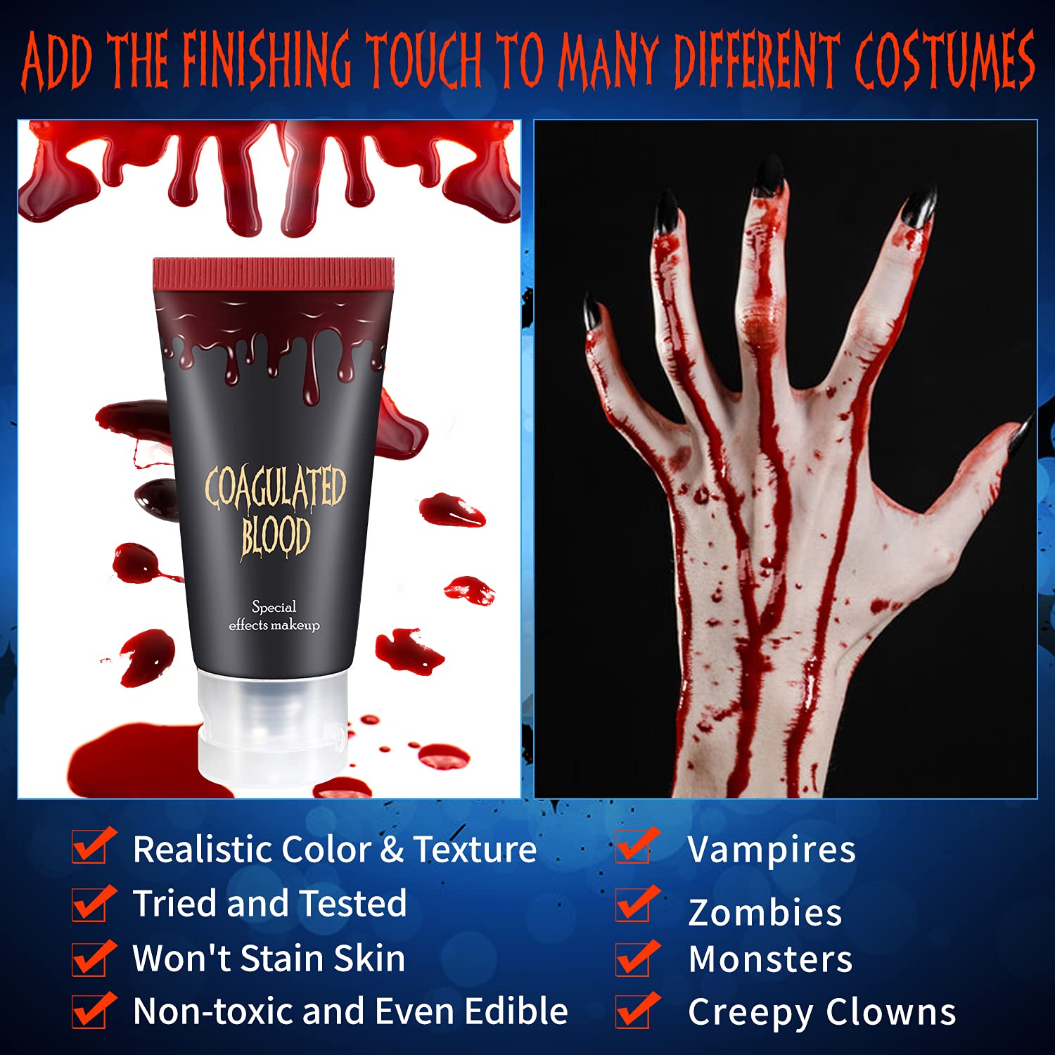 DE'LANCI Edible Fake Blood Gel, Realistic Sfx Fake Blood Makeup Kit, Washable Fake Blood for Clothes Mouth Eyes, Special Effects Makeup Kit for Vampire Zombie Halloween Fake Blood Makeup- 60g(2.12 Oz)