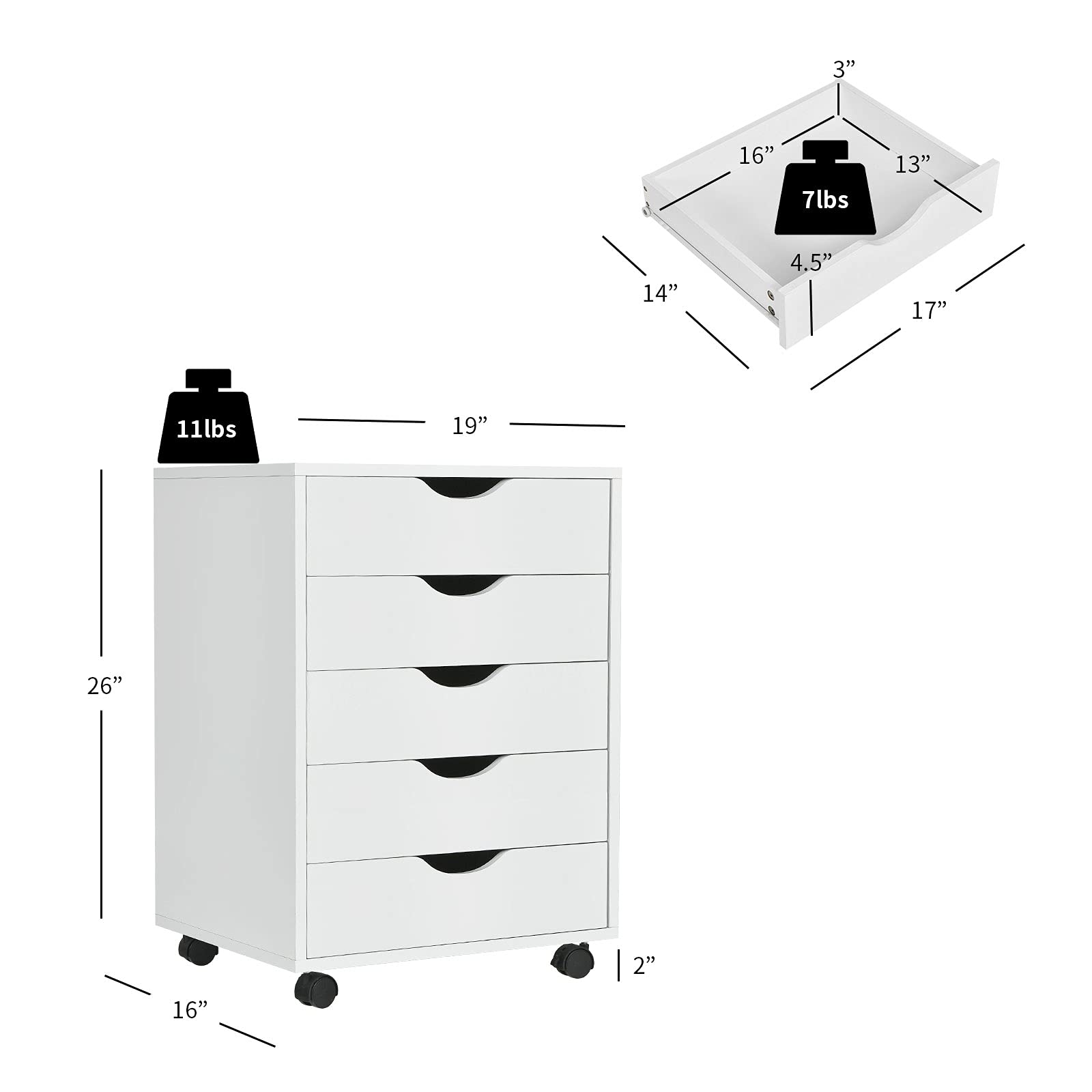 Giantex 5-Drawer Vertical File Cabinet, Mobile Office Storage Cabinet with Drawers, Large Capacity, 2 Lockable Casters and Universal Wheels, Under Desk Side Printer Stand Rolling File Cabinet (White)